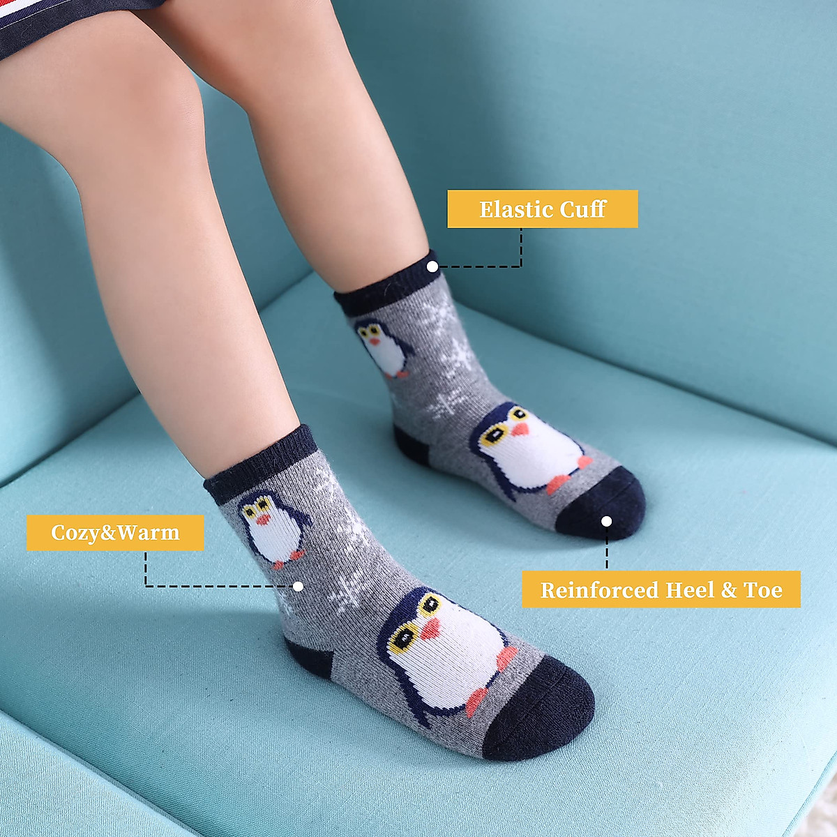 FNOVCO Kids Merino Wool Hiking Socks Toddlers Boys Girls Cozy Thermal Winter Thick Warm Crew Socks 6 Pairs (4-7 Years, Animal 01)