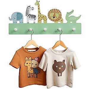 Navaris Kids Coat Hooks Rack - Wooden Hanger Rail with 5 Pegs - Wall Mounted Children's Coat Rack with 5 Hooks - Cute Animals Design