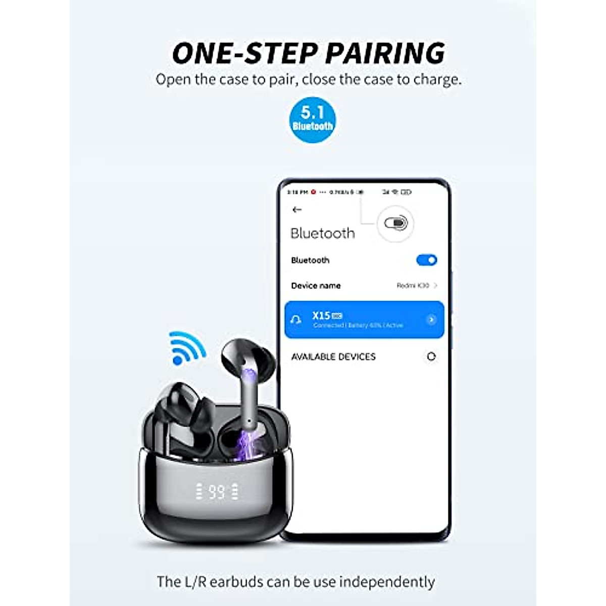 Tiksounds Wireless Earbuds, Bluetooth Headphones with Microphone, IPX7 Waterproof, 35H Playtime with LED Power Display, High-Fidelity Stereo Earphones for Sports and Work