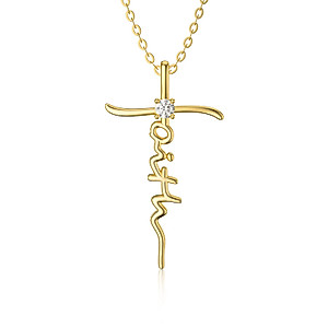 SISGEM Solid 14K Gold Faith Cross Necklace Hope Believe Pendant Necklace with Moissanite Religious Jewelry for Women Anniversary Birhtday Mother's Day Jewelry Gifts for Mom, Wife, 16+2 Inch