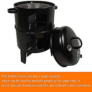 无 3 in 1 Round Charcoal BBQ Grill & Smoker, with Thermometer and Air Vent, Outdoor Grilling and Cooking, 84 x 40cm- Black