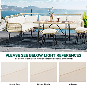 YITAHOME Outdoor Patio Wicker Conversation Furniture Set with Plastic Wood Dining Table, All-Weather Rattan Outdoor Sectional Sofa Set for Backyard Deck with Convient Ottomans, Light Brown+Beige