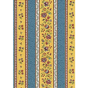 Textiles français Provençal Stripe Floral Fabric GORDES | Stone Blue and Yellow - with Red, Green and Ivory - Luxury 100% Cotton Printed Fabric - 63 inches Wide | Per Yard Length Increment