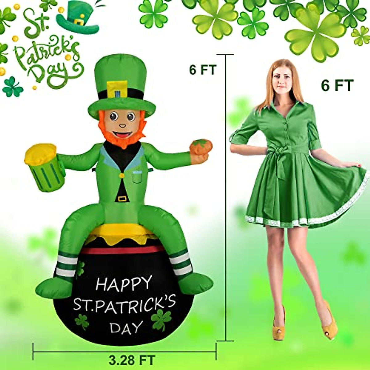 6ft St. Patrick's Day Inflatables Blow Up Outdoor Decorations Leprechaun on Pot of Gold with Beer and Clover Yard Decoration Built-in Led and Fan