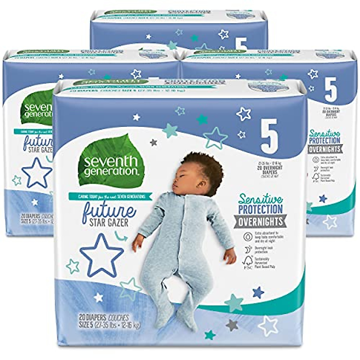 Seventh Generation Baby Free & Clear Overnight Diapers, Stage 5, 20 Count (Pack of 4)