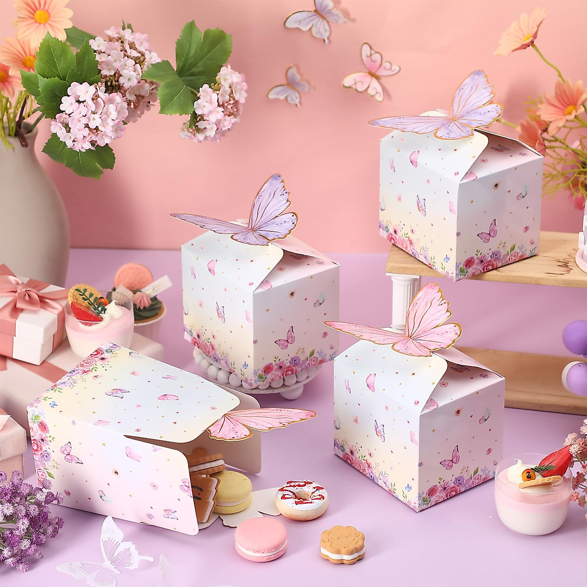 Qilery 24 Pcs Butterfly Party Favor Treat Boxes Pink and Purple Gift Boxes Butterfly Floral Boxes Three Dimensional Paper Candy Boxes Butterfly Decorations for Chocolate Present Wedding Baby Shower
