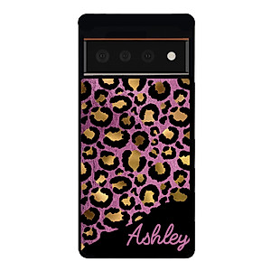 Leopard Skin Pink Gold Foil Personalized Black Rubber Phone Case Compatible With Google Pixel 8 Pro, 8a, 8, 7a, 7, Pixel 7 Pro, 6a, 6 Pro, 6, 5, 4a 5G, 4a 4G, 4, 4 XL, 3a, 3a XL, 3, 3 XL, 2 XL, 2