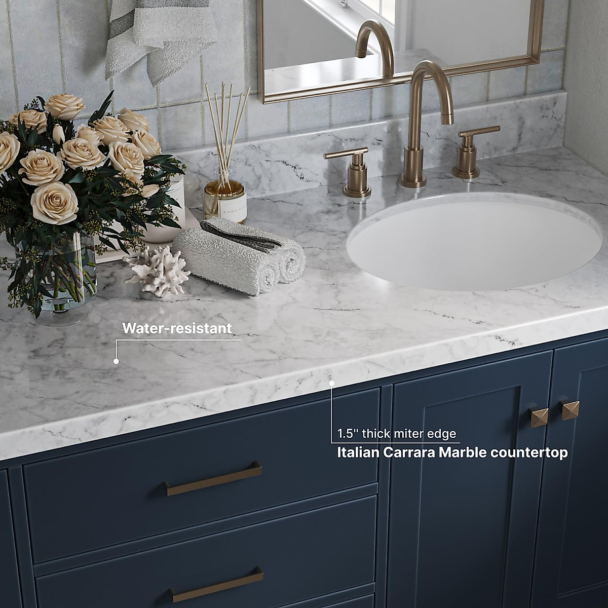 ARIEL 67" Midnight Blue Double Bathroom Vanity with 1.5" Edge Italian Carrara Marble Countertop & Splash, 2 Oval Sinks, 4 Soft Closing Doors, 6 Full Extension Dovetail Drawers, Satin Brass