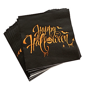 Halloween Party Napkins - 100 Pack Happy Halloween Disposable Black Paper Napkins with Orange Gold Foil - 6.5" x 6.5" for Halloween Decoration and Halloween Party Events