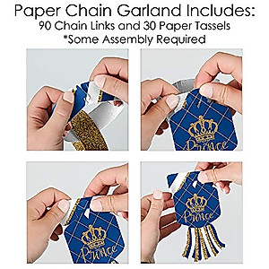 Big Dot of Happiness Royal Prince Charming - 90 Chain Links and 30 Paper Tassels Decoration Kit - Baby Shower or Birthday Party Paper Chains Garland - 21 feet