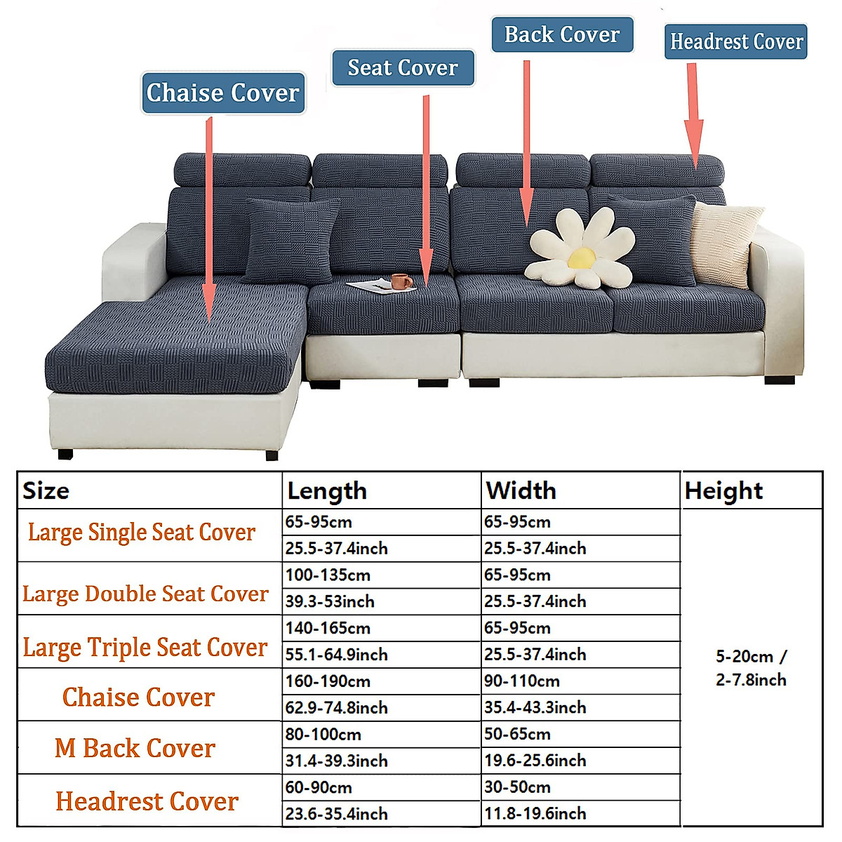 ele ELEOPTION Couch Cushion Covers Slipcover Elastic Chair Loveseat Sofa Furniture Protector Cover for Living Room (Length 39-53inch Width 25-37inch,Large Double Seat Cover) Grey White