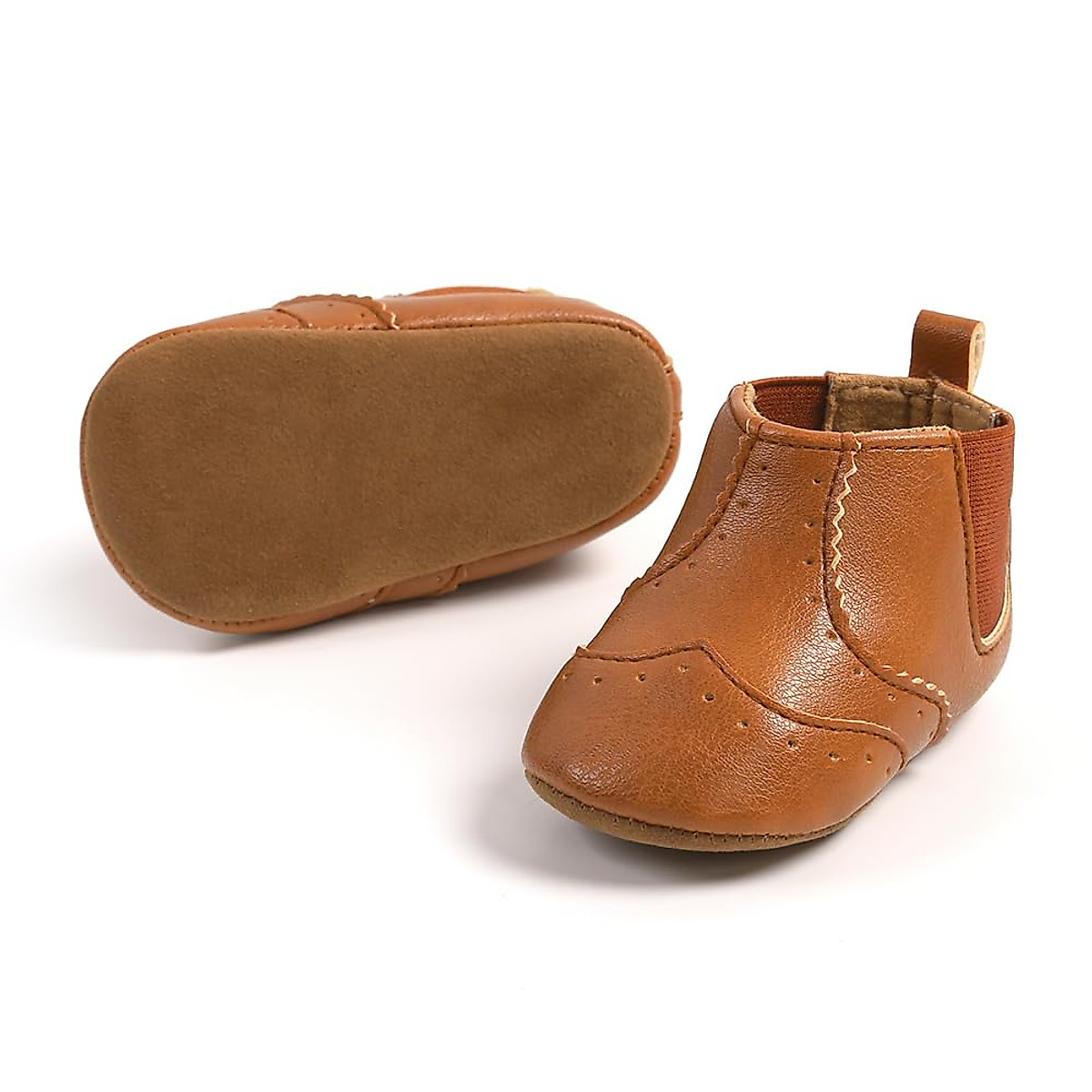 Baby Boys Girls Classic High-Top PU Leather Booties Shoes Wedding Oxford Dress Shoes First Walking Flat Lazy Crib Shoe Brown 0-6 Months