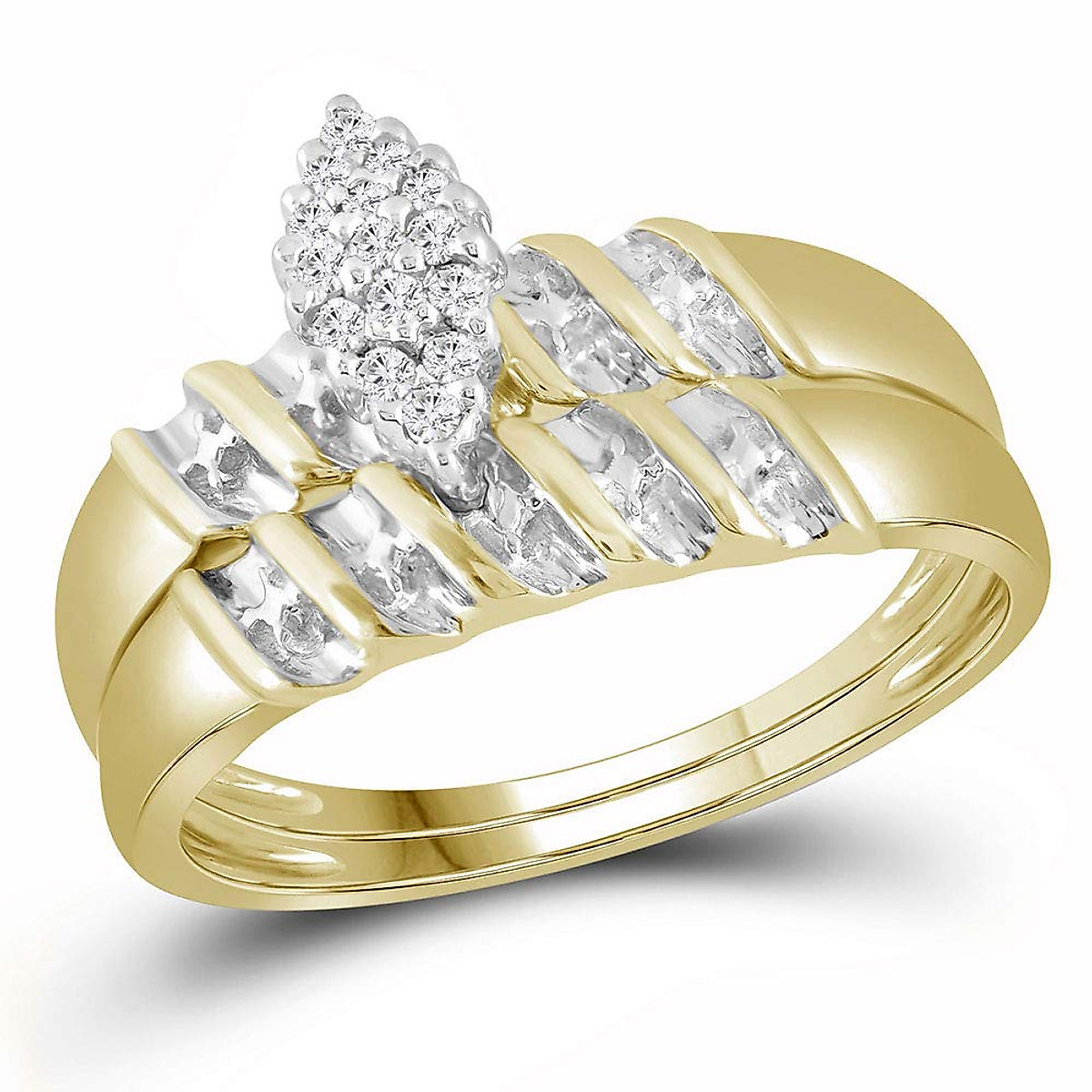 Sizes - L = 8, M = 8 - 10k Yellow Gold Diamond Cluster Mens And Ladies Couple His & Hers Trio 3 Three Ring Bridal Matching Engagement Wedding Ring Band Set (1/10 cttw.) - Please use drop down menu to select your desired ring sizes