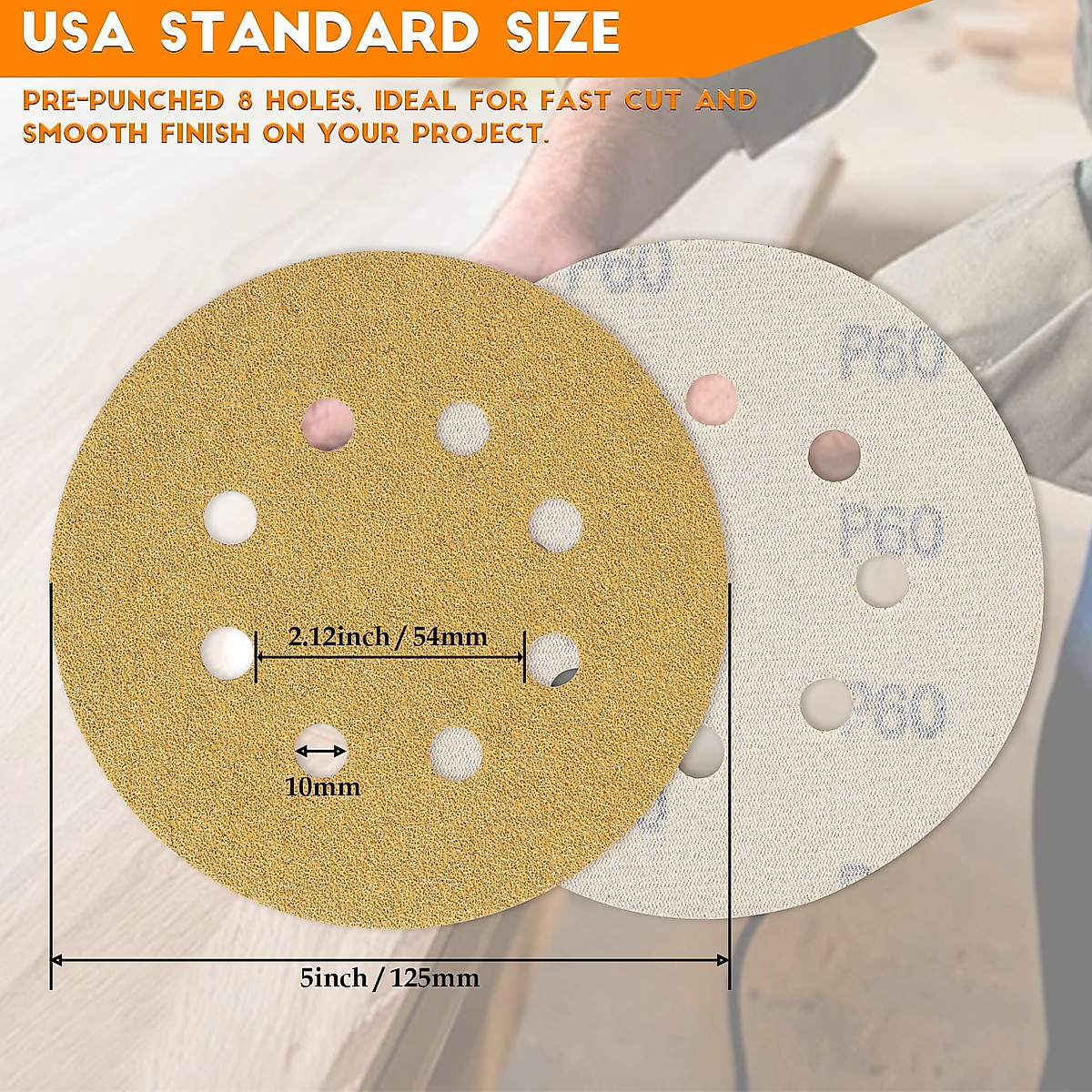 Mestool 5-Inch 8-Hole Hook and Loop Gold Sanding Discs, Box of 50 Sandpaper Include 60 80 120 150 and 220 Grits