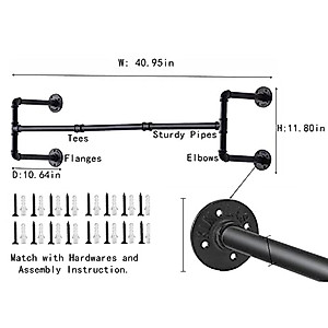 YLFAHXP Industrial Pipe Clothes Rack, Heavy Duty Detachable Wall Mounted Iron Garment Bar, Multi-purpose Clothing Rack Hanging Rod Organizer for Closet Storage (Black)