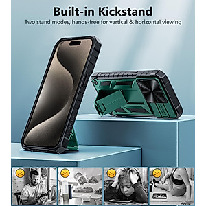 FNTCASE for iPhone 15 Pro Case: Military Grade Drop & Shock Protection Cell Phone Cover with Kickstand & Slide | Rugged Protective Bumper Textured | Heavy Duty Protector(Green)