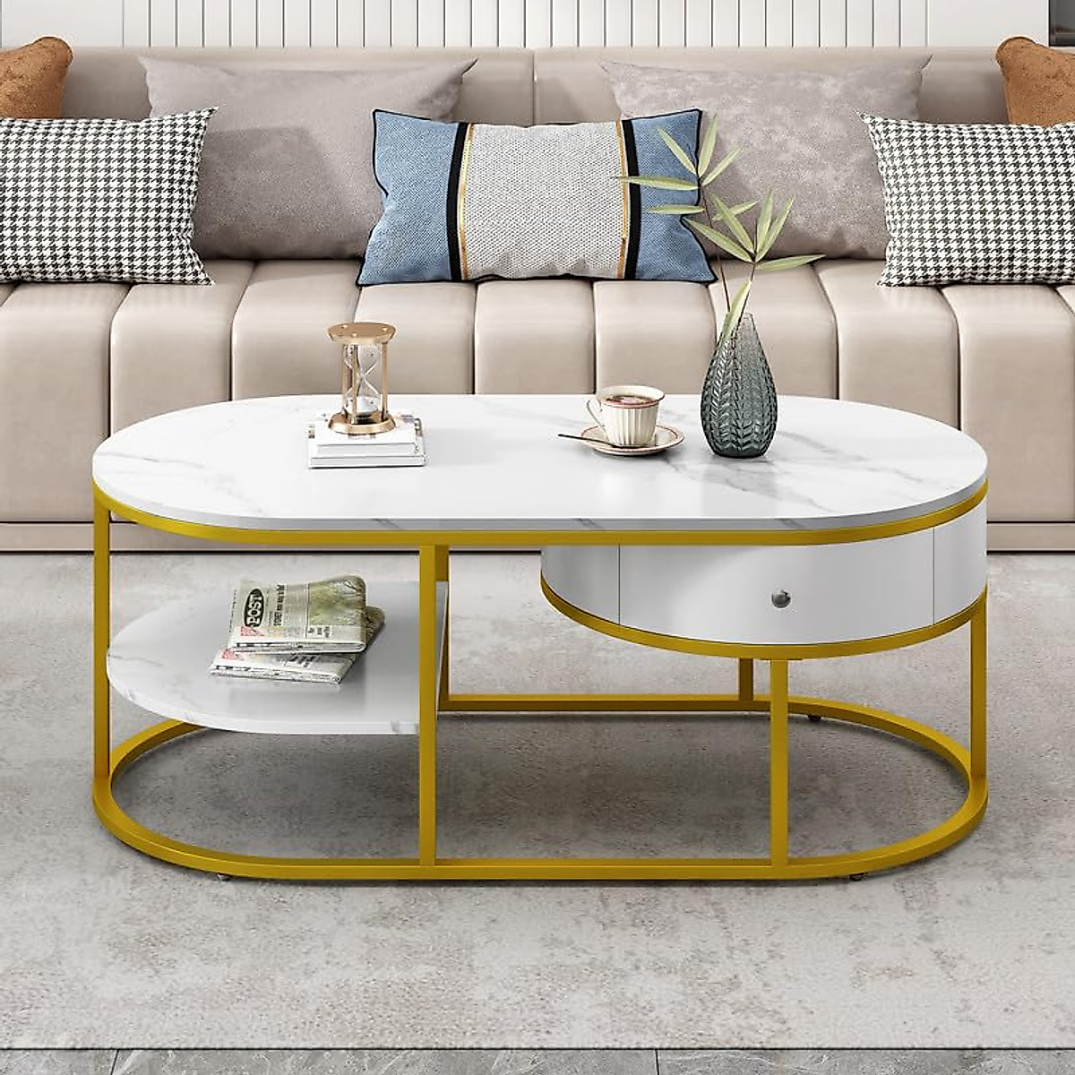 Qiyom Modern Faux Marble Coffee Table, Oval Coffee Table with Storage Shelf and Metal Frame, White Coffee Table Cocktail Table for Living Room, Home Office