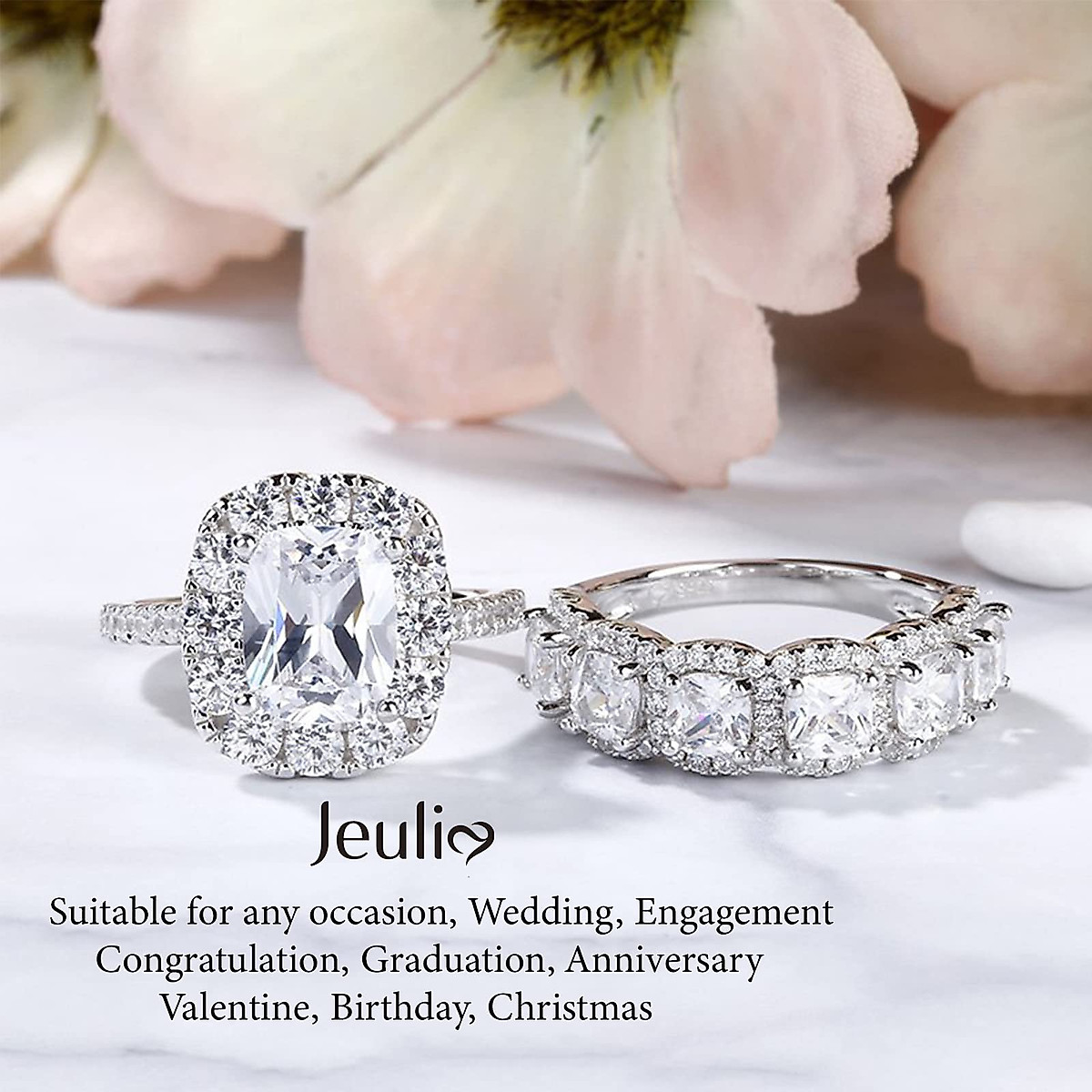 Jeulia Oval Cut Engagement Ring Set for Women Halo Sterling Silver Bridal Wedding Ring White Diamond Cubic Zirconia Eternity Band Ring with 3.95 ct Primary Stone,5.75ct Side Stone (6)