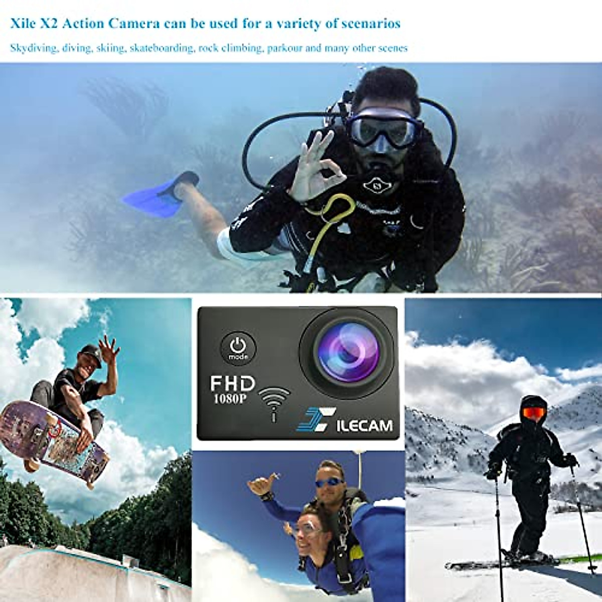 Xilecam Action Camera 1080P 30fps WiFi Action Camera HD 2.0 Inch Action Camera 40m/131ft Underwater Waterproof Snorkel Surf Camera with 2 Batteries and Multi-Function Accessory (1080P)