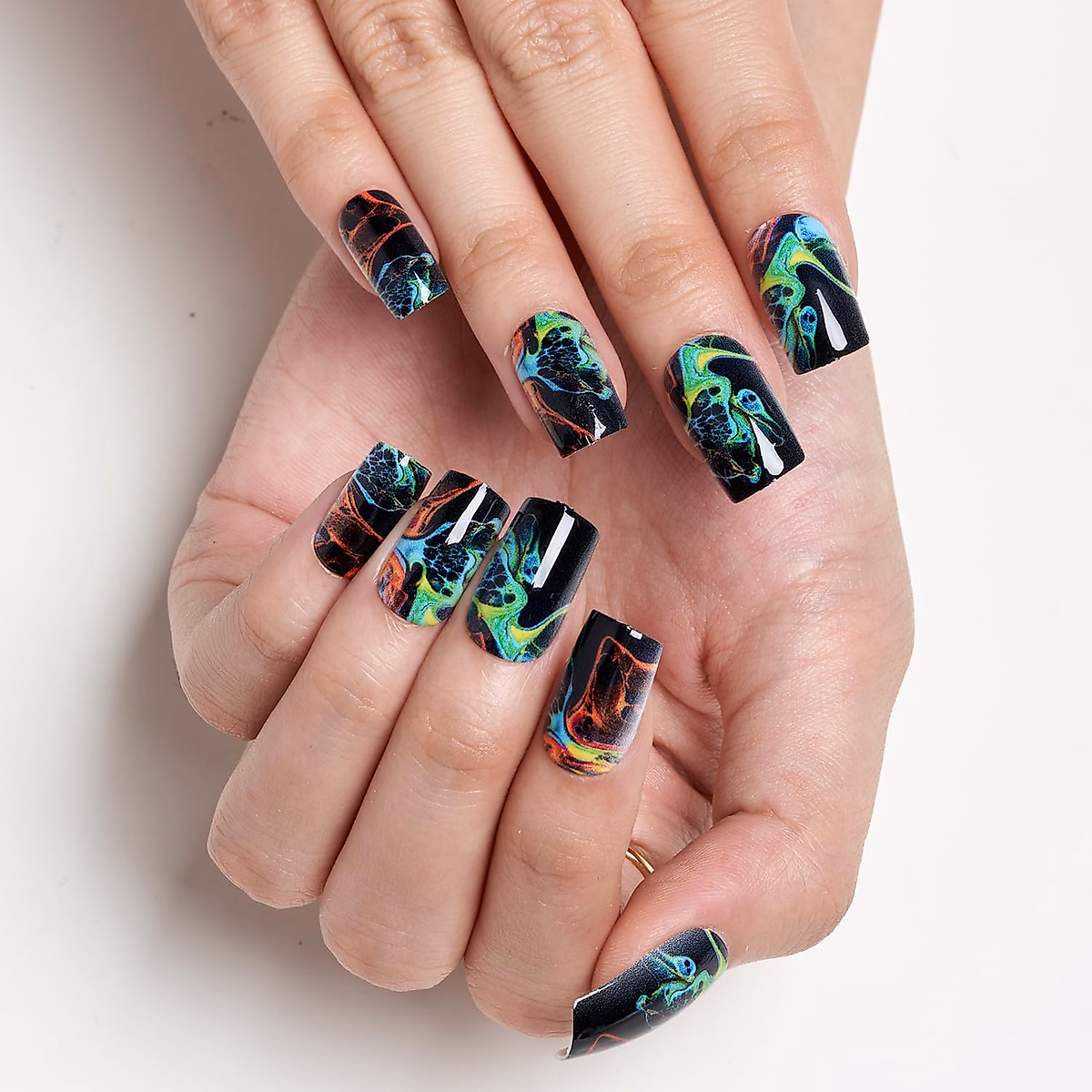 GLAMERMAID Black Press on Nails Medium Square, Tie Dye Gothic Fake Nails Tips Short Square, Ombre Color Oil Paint Glue on Nail Summer Glossy Gel Set, Reusable Acrylic False Nail Manicure Kit for Women