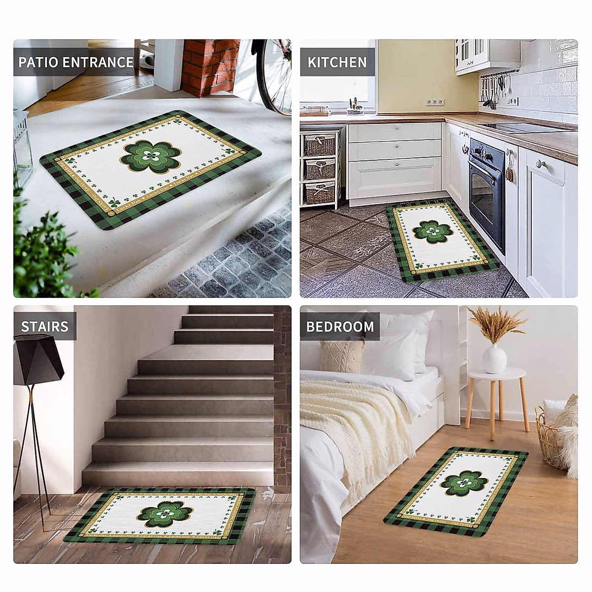 St. Patrick's Lucky Day Clovers Shamrock Doormat Rugs Outdoor/Indoor Green Green Buffalo Check Plaids Non-Slip Entrance Welcome Mat for Front Door/Bathroom/Kitchen/Bedroom/Patio/Entryway,18"x30",