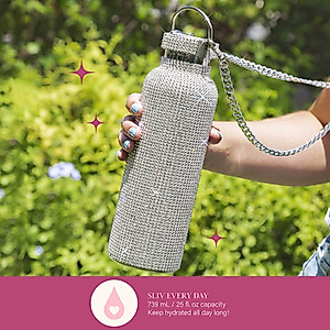 Paris Hilton Diamond Bling Water Bottle With Lid And Removable Carrying Strap, Stainless Steel Vacuum Insulated, Bedazzled With Over 5000 Rhinestones, 25-Ounce, Silver