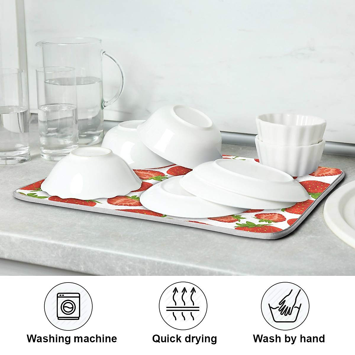 Baofu Dish Drying Mat for Kitchen Counter, Summer Strawberry Fruit Ultra Absorbent Reversible Microfiber Dishes Drying Rack Pad Heat-resistant Mats 16x18in