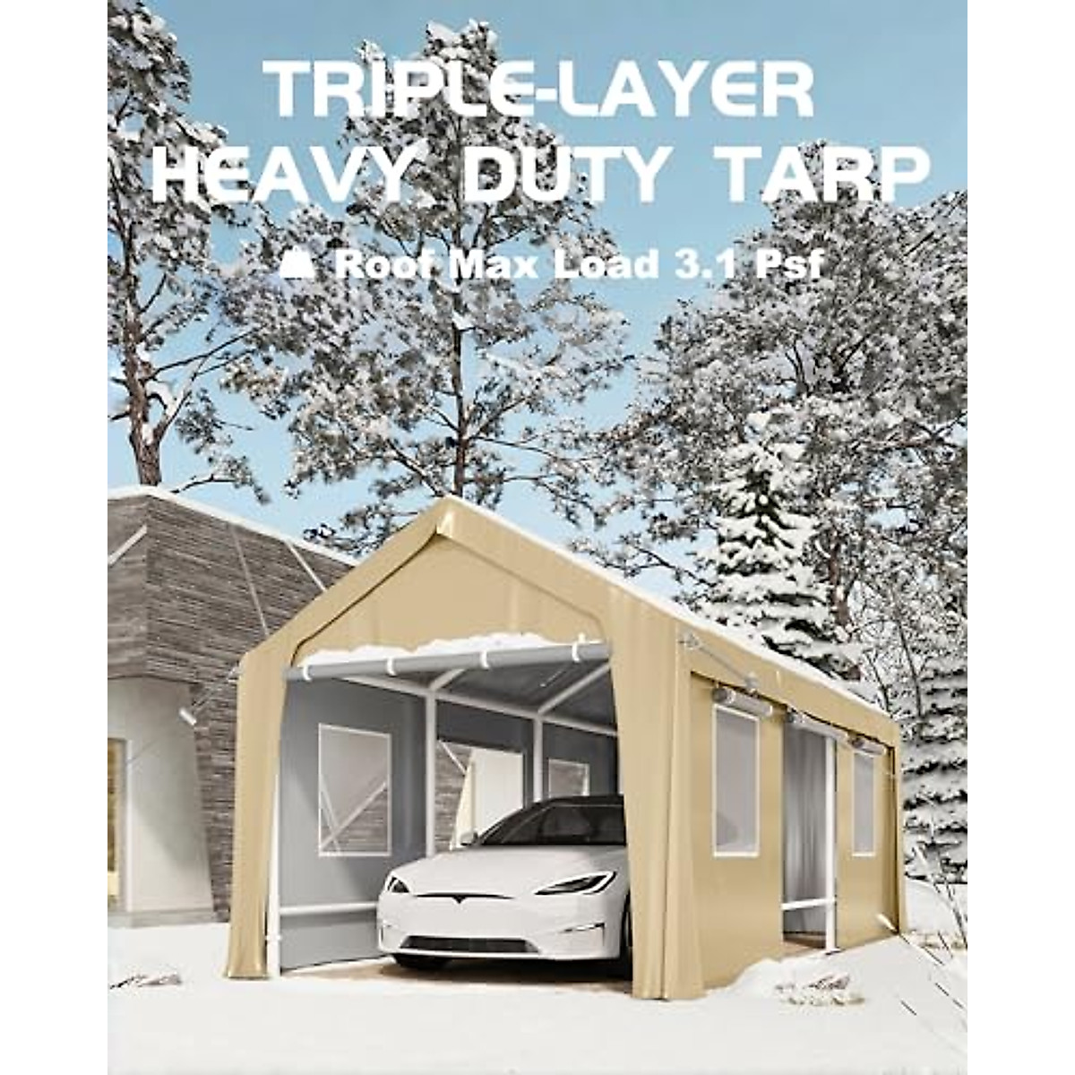 10'x20' Carport Windproof, Anti-High Wind Portable Garage, Reinforced Frames & 180 g PE Carport Canopy, with Front & Rear Doors, Shelter for Pickup, Boat, and Equipment, Khaki