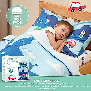 ACRABROS Toddler Bedding Set-4 Pieces Toddler Bedding Sets for Girls Boys Includes Comforter Fitted Sheet Flat Sheet and Reversible Pillowcase,Ultra Soft Toddler Bed Set, Car