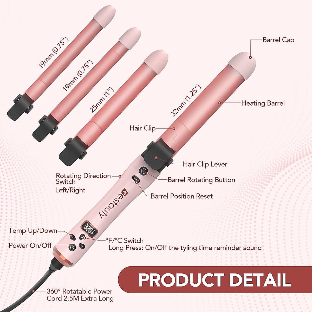 Bestauty Automatic Curling Iron, 0.75(2 PCS)/1/1.25" Interchangeable Ceramic Coating Heating Iron Barrels, Quick Heating Hair Curler 360° Rotating for Waver Curl, 4 Adjustable Temperature 320°F-430°F