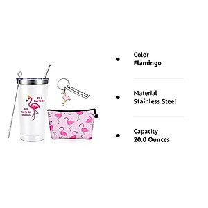 3 Pcs Flamingo Gifts for Women Including Cute Flamingo Stainless Steel Wine Tumbler with Straw and Brush Motivational Flamingo Keychain and Cosmetic Bag (Flamingo, 20 oz)