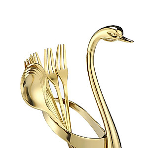 AnSaw Gold Swan Base Holder With 20 Pcs 4.7"Small Leaf Handle Coffee Spoons & Dessert Forks Set(Gold,10+10)