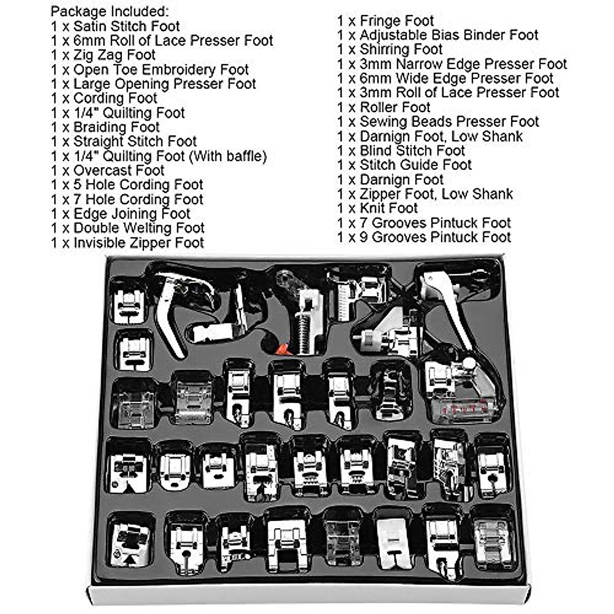 Sewing Machine Presser Foot Feet Kit Set,Fits for Brother, Baby Lock, Singer, Elna, Toyota, New Home, Simplicity, Janome, Kenmore, and White Low Shank Sewing Machine (32pcs)