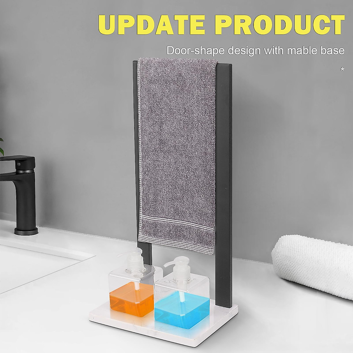 Winmien Hand Towel Holder with Marble Base, SUS304 Stainless Steel Freestanding Towel Rack Combo, Towel Stand + 2 Clear Soap Dispensers, Suitable for Bathroom Kitchen Vanity (Matte Black)