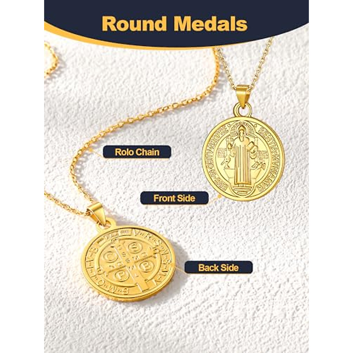 U7 Women Men 18K Gold Plated 925 Sterling Silver 1.5mm Dainty Chain & Coin Saint Benedict Pendant Necklace