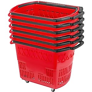 Mophorn 6PCS Shopping Carts, Plastic Rolling Shopping Basket with Wheels, Red Shopping Baskets with Handles, Portable Shopping Basket Set for Retail Store