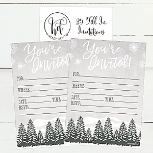 25 Woodland Christmas Holiday Invitations, Snowflake Winter New Years Xmas Dinner Party Invite, Rustic Adult Kids Birthday Festive Event Themed Cards, Forest Tree Baby Bridal Shower Ideas Supplies