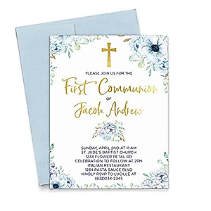 Elegant First Communion Invitations for Boys, Blue Florals First Holy Communion Invites, Your choice of Quantity and Envelope Color