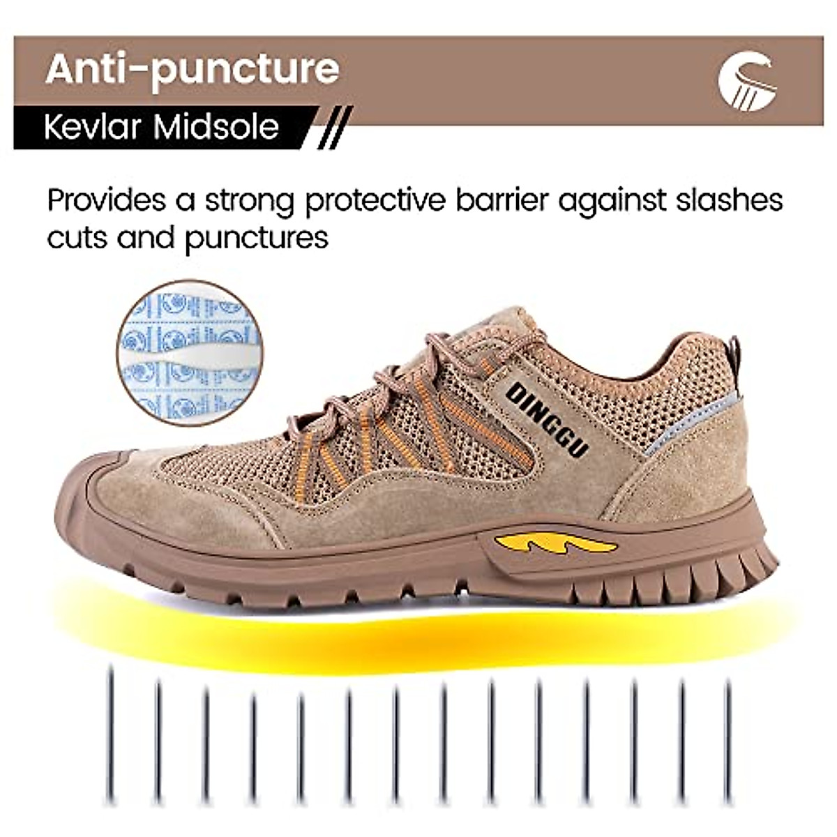 DINGGU Steel Toe Shoes for Men, Slip-on Breathable Safety Shoes, Brown, 9.5
