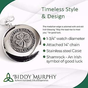 Biddy Murphy Shamrock Pocket Watch Made in Ireland Shamrock Pewter Medallion Stainless Steel Case with Chain Exclusive Made by Mullingar Pewter on Co. Westmeath, Ireland