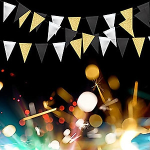 Triangle Flag Bunting Banner, MerryNine 3 Pack 30 Feet Vintage Style Pennant Banner for Wedding, Baby Shower, Event & Party Supplies 78pcs Flags (Triangle Flag - Black Silver Gold Glitter)