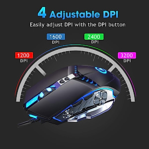 Censprin Gaming Mouse USB Wired RGB Backlit Silent Click Gamer Mouse with 4 Adjustable DPI Up to 3200, Comfortable Grip Ergonomic Optical Gaming Mice for Laptop PC Gamer Computer Desktop