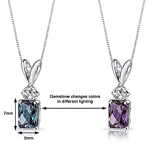 PEORA 14K White Gold Created Alexandrite with Genuine Diamond Pendant, Color-Changing Solitaire, Radiant Cut, 7x5mm, 1.25 Carats total