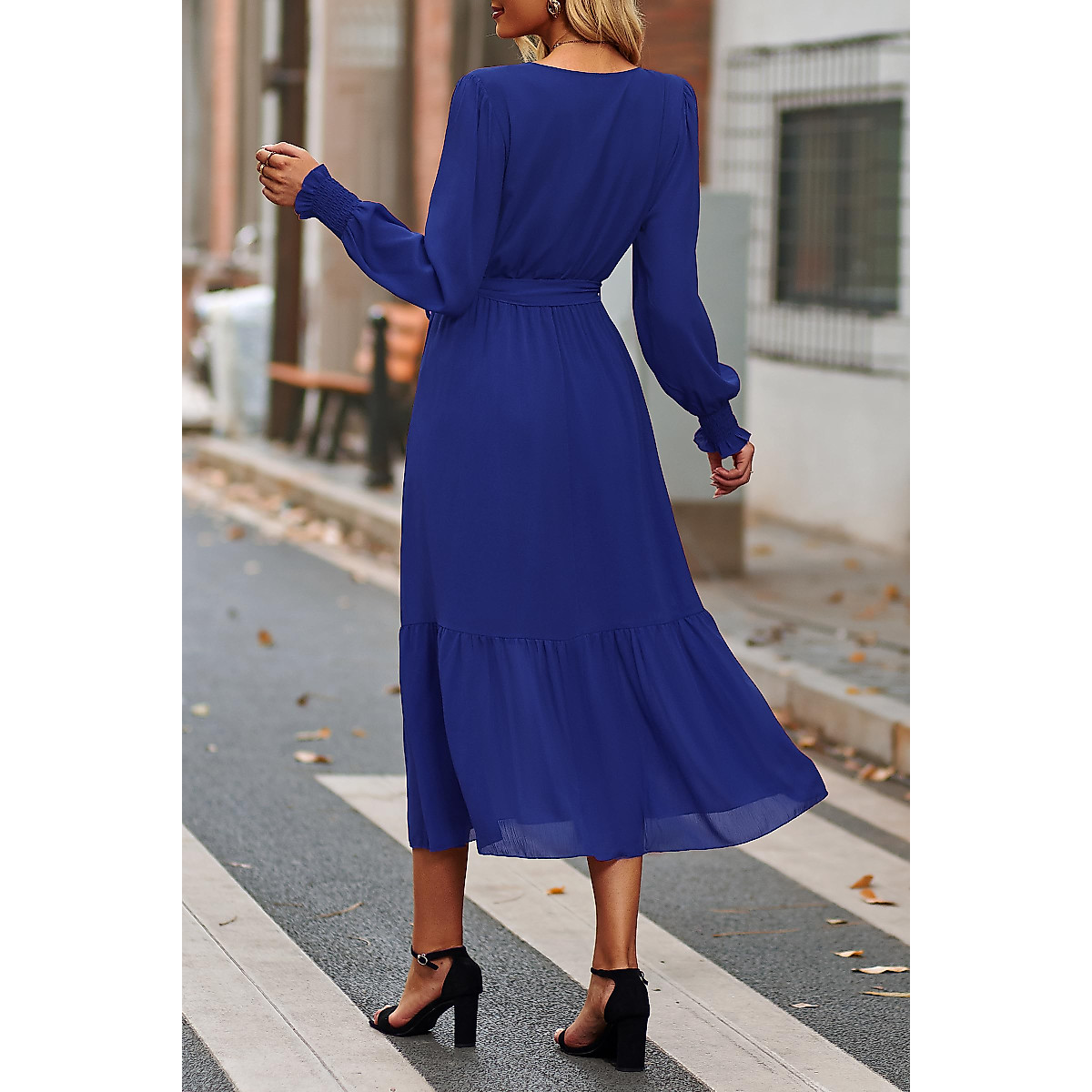 PRETTYGARDEN Women's Floral Print Boho Dress Long Sleeve Wrap V Neck Ruffle Belted A-Line Flowy Maxi Dresses (Solid Blue,Large)