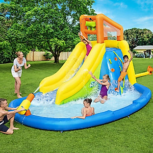 Bestway H2OGO! Mount Splashmore Kids Inflatable Outdoor Backyard Water Slide Splash Mega Park Toy w/Climbing Wall, Slide, Splash Zone, & Spray Blaster.