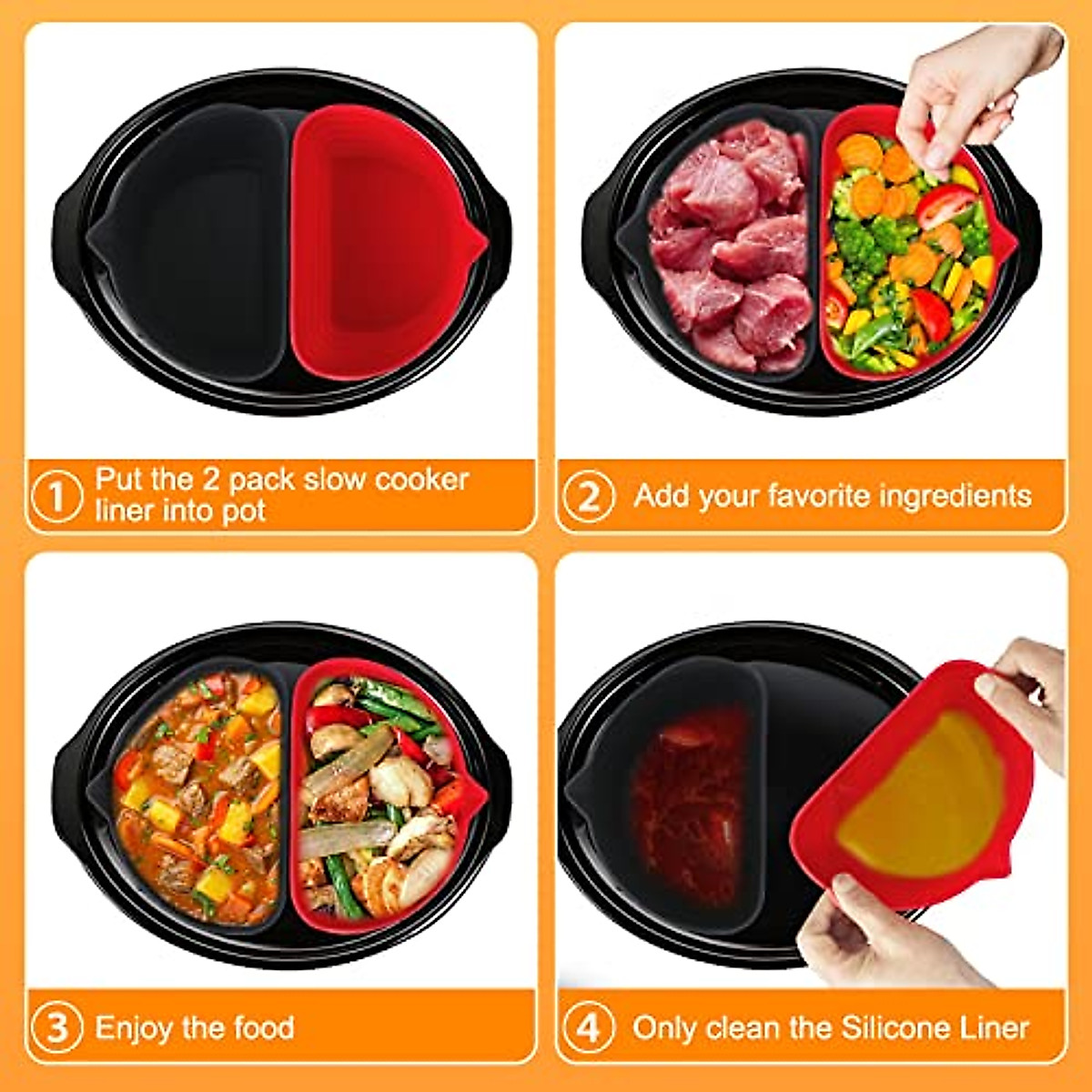 Slow Cooker Liners, Silicone Crock-Pot Liners Fit 6 QT Pot, Reusable/Leakproof/Silicone Divider Insert, Dishwasher Safe Liners for 6 Quart Oval Slow Cookers(Red+Black）