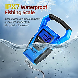 RUNCL Waterproof Fishing Scale with Lip Gripper, Electric Fish Scale with 40 in Ruler, LB/OZ/KG, Big Handle, Memory Storage, Digital Portable Hanging Scale for Luggage, Fish