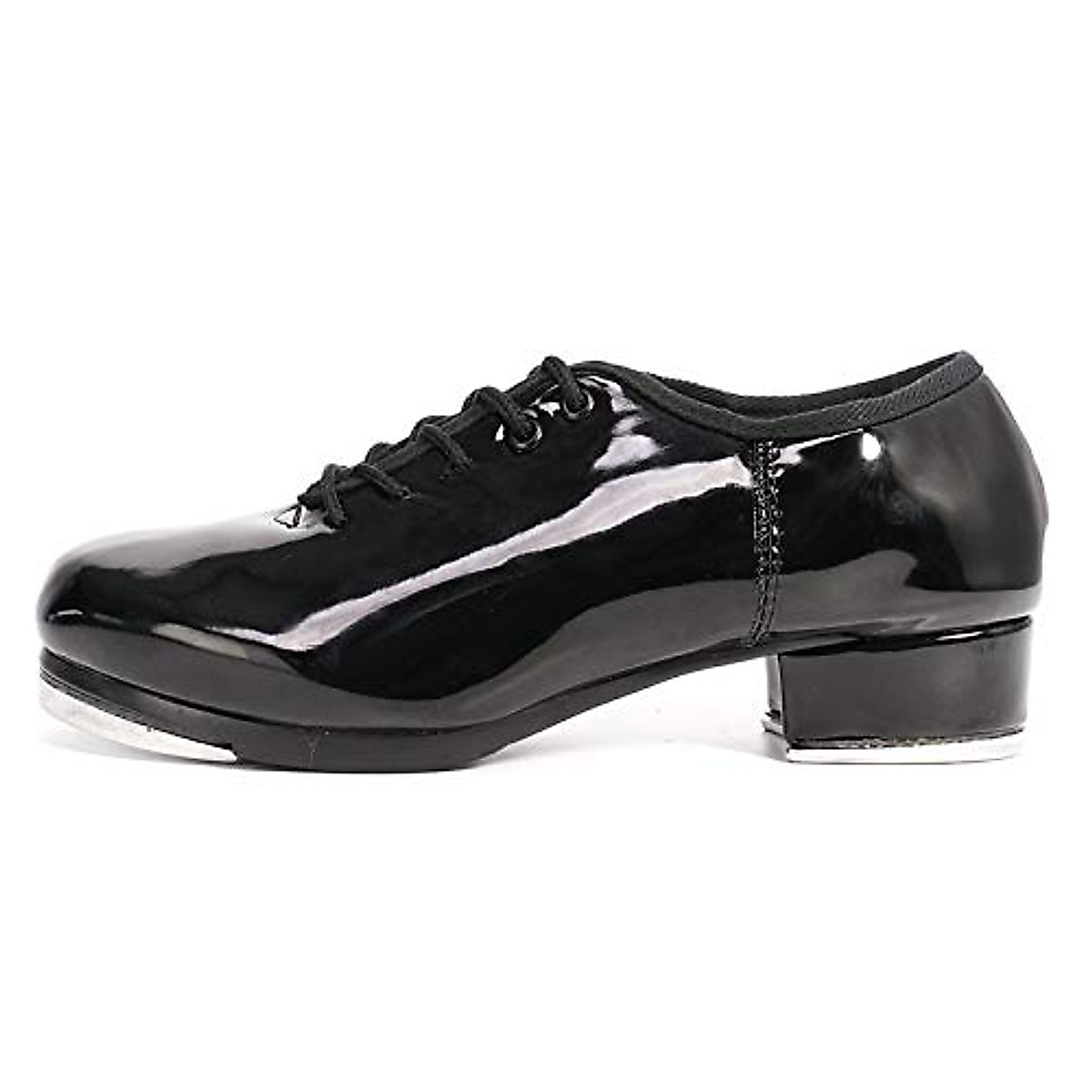 DKZSYIM Tap Shoes Patent Leather Full-Sole Lace-up Dancing Shoes for Girls, Women and Men,Model WX-QD,Black, 9.5 B(M) US