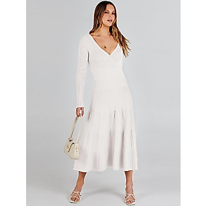 ANRABESS Womens Wrap Midi Sweater Dresses Long Sleeve V Neck Bodycon High Waist Ribbed Knit Pleated A-Line Dress 2024 Trendy X-Large White