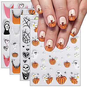 JMEOWIO 3D Embossed Halloween Nail Art Stickers Decals Self-Adhesive Pegatinas Uñas 5D Cute Horror Ghost Spook Nail Supplies Nail Art Design Decoration Accessories 4 Sheets